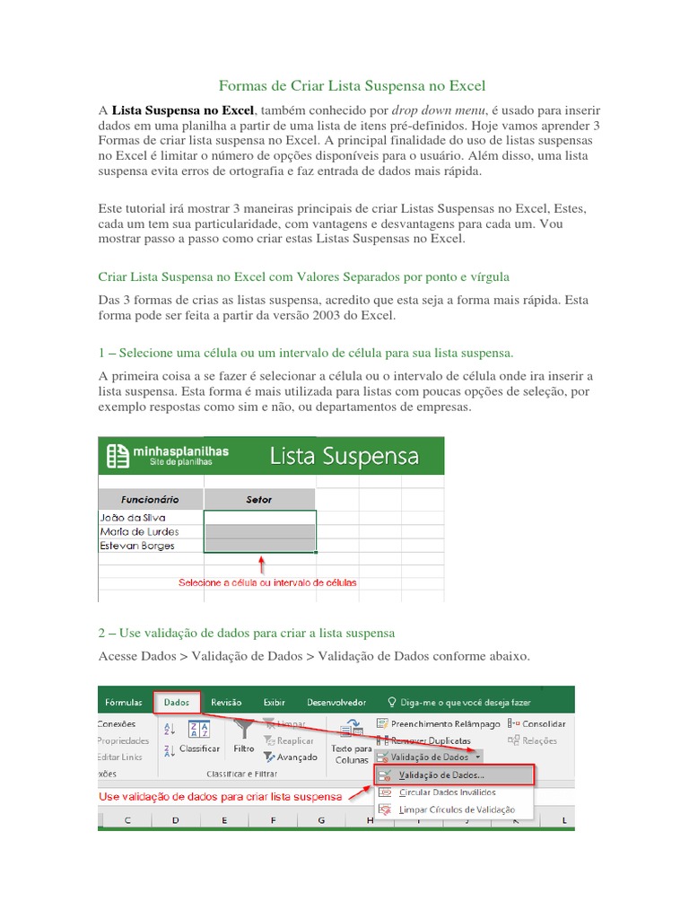 Formas de Criar Lista Suspensa No Excel | PDF | Microsoft Excel ...