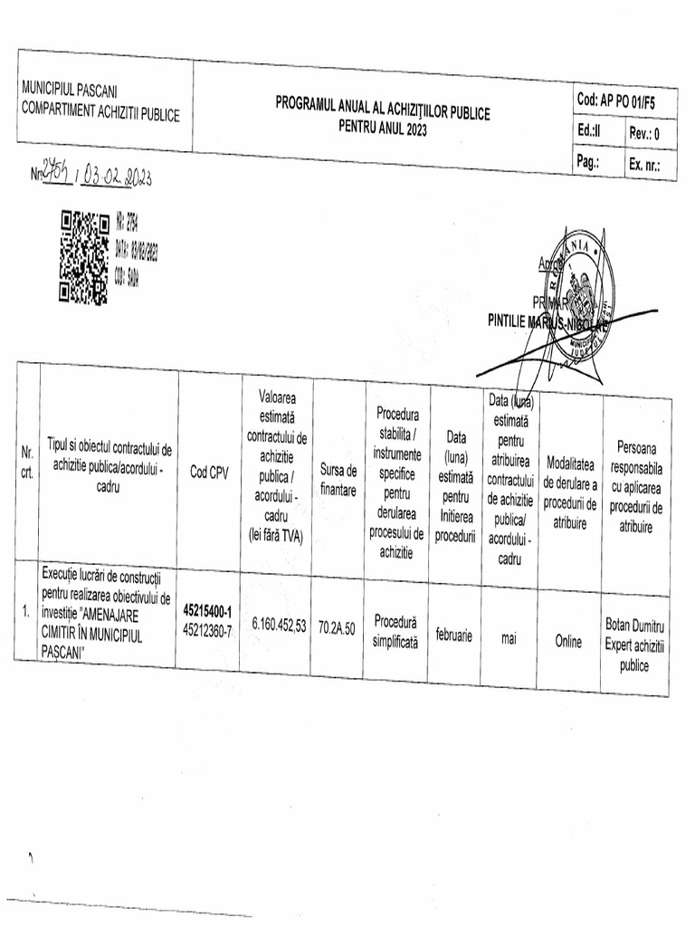 Primaria Pascani - Lista Achizitii 2023 | PDF