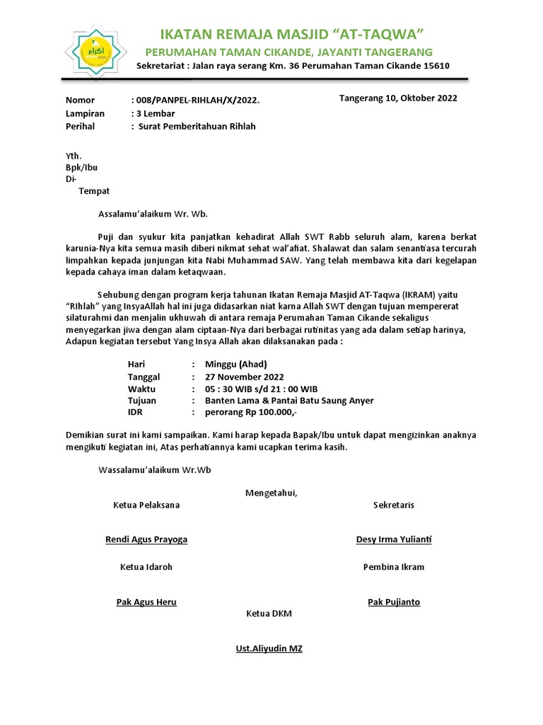 Surat Pemberitahuan Rihlah | PDF