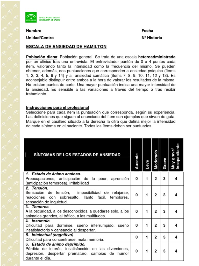 Escala de Ansiedad de Hamilton | PDF | Relaciones personales, crianza y desarrollo personal