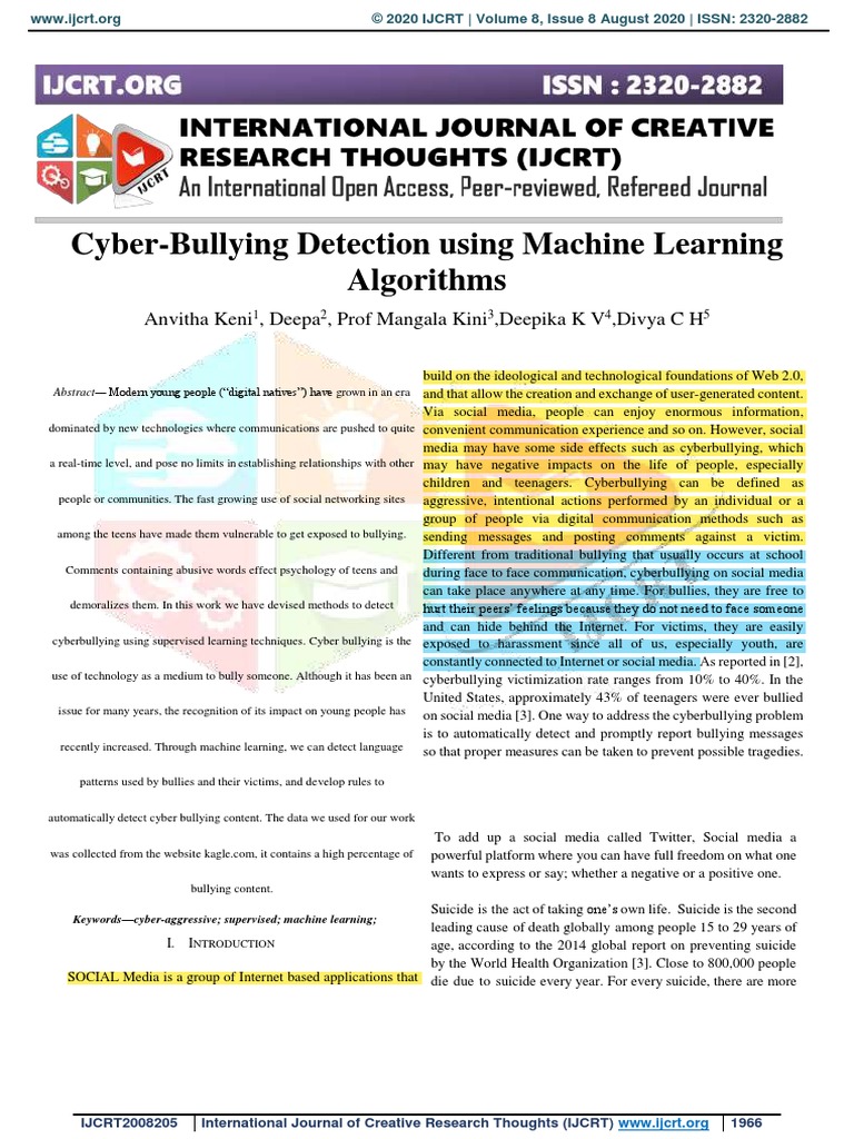 Cyber Bullying Detection Using Machine Learning 2020 Pdf Receiver