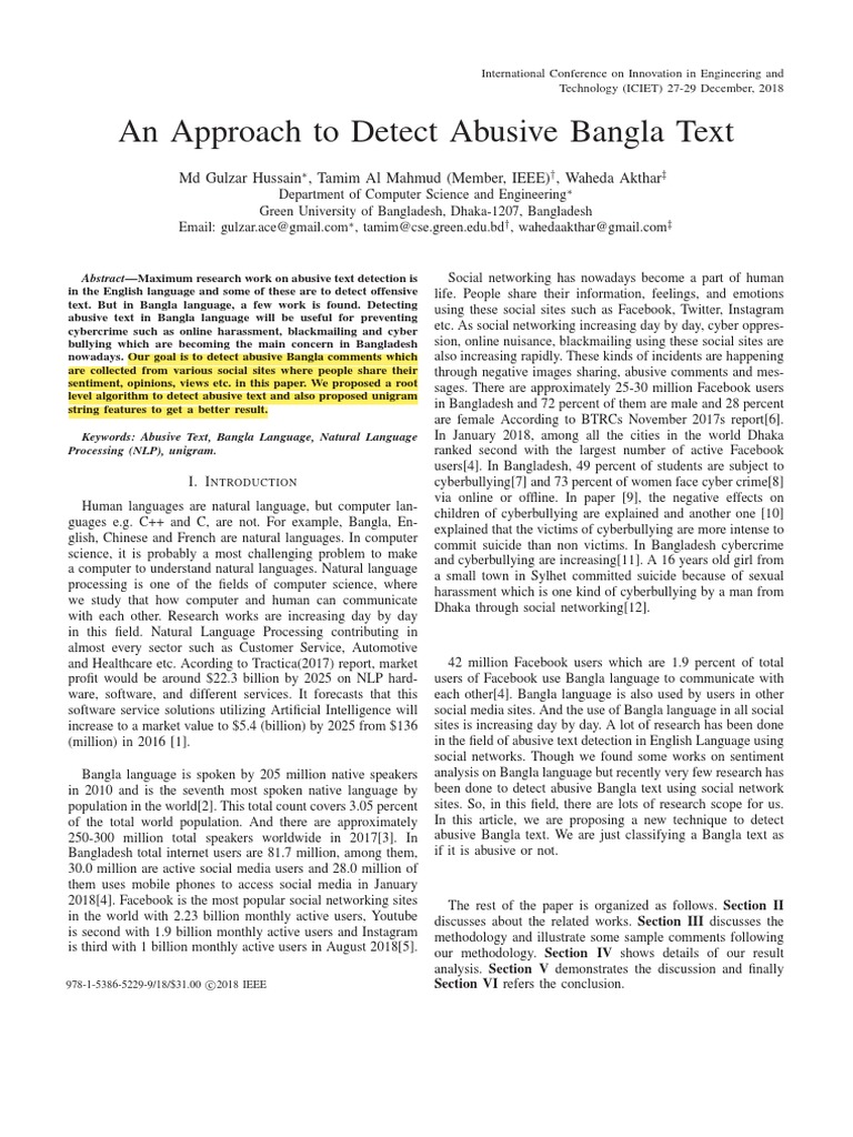 An Approach To Detect Abusive Bangla Text | PDF | Cyberbullying ...