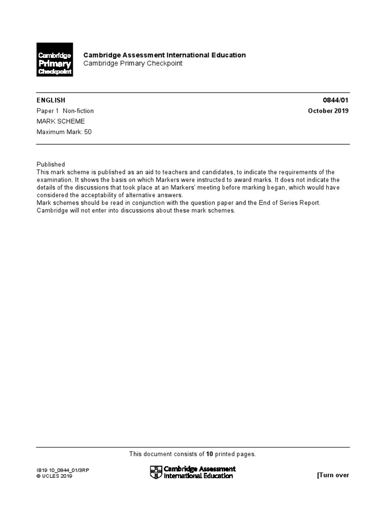 Cambridge Primary Checkpoint - English (0844) October 2019 Paper 1 Mark ...