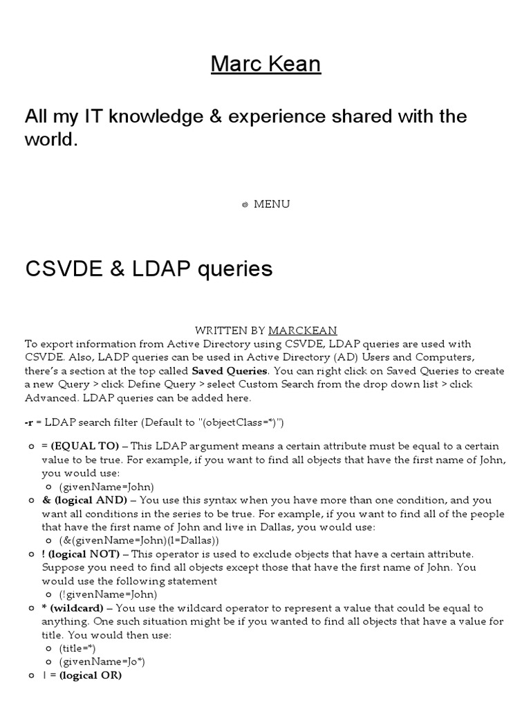 CSVDE & LDAP Queries - Marc Kean | PDF | Active Directory | Computing