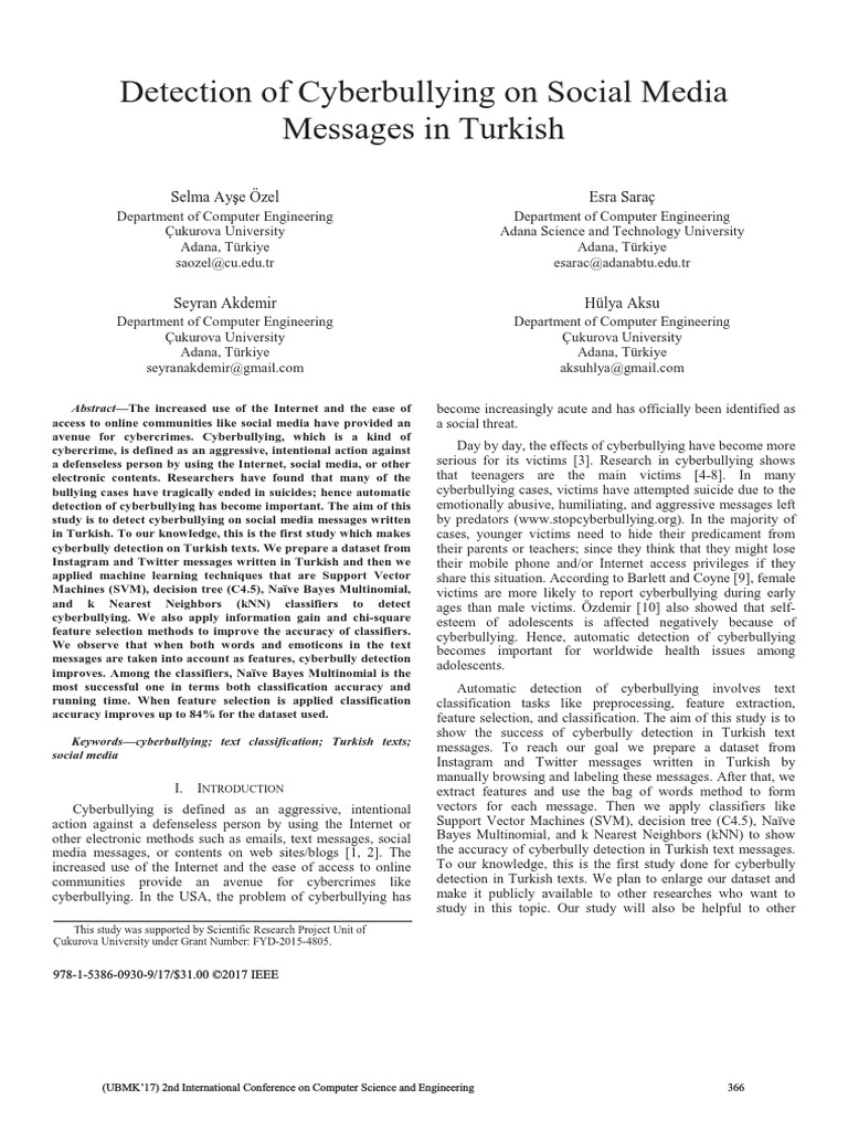Detection of Cyberbullying On Social Media Messages in Turkish | PDF ...