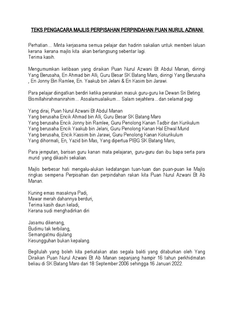 Teks Pengacara Majlis Perpisahan | PDF