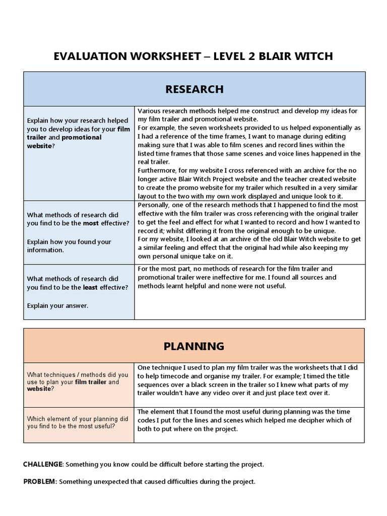 Evaluation Worksheet l2 Blair Witch 2023 | PDF