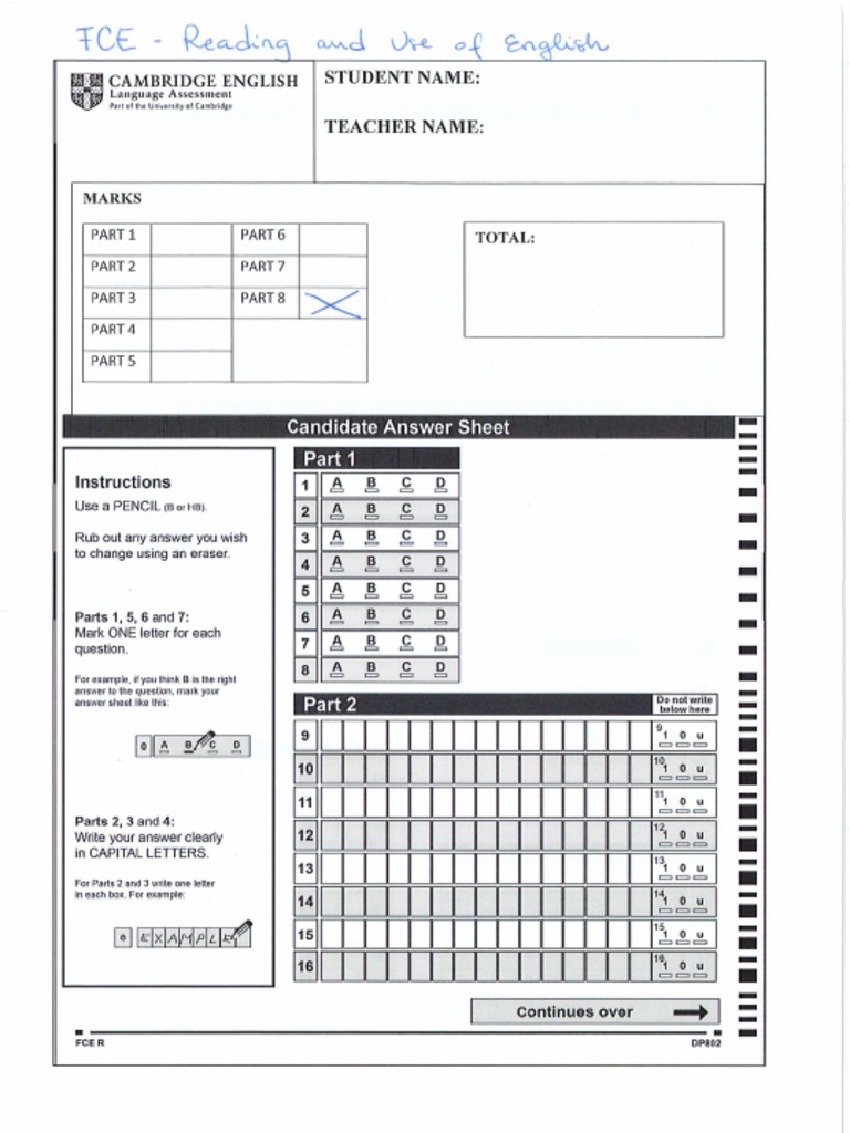 FCE Answer Sheet | PDF