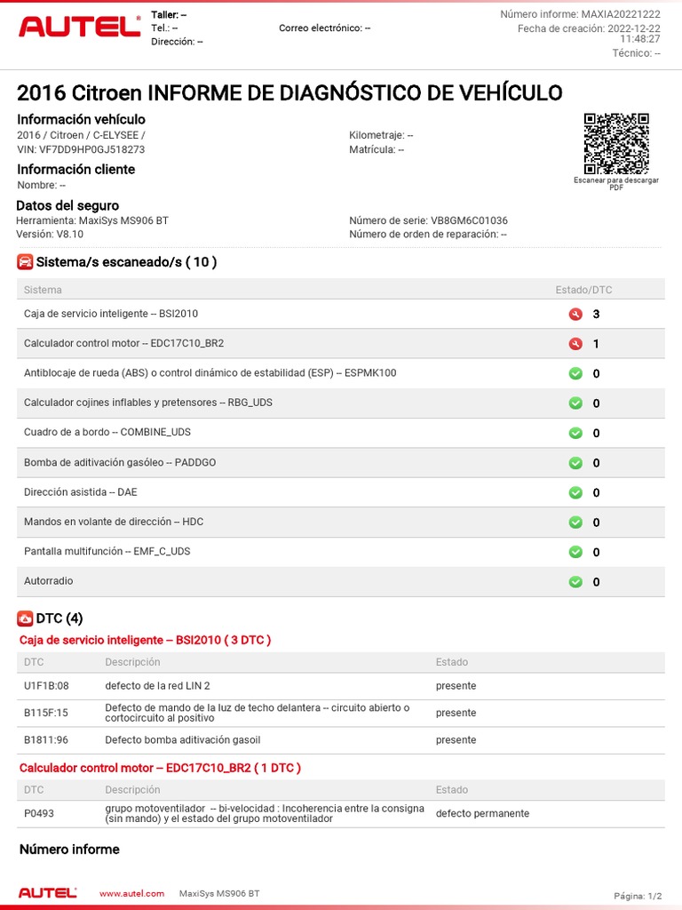 2016 Citroen Informe de Diagnóstico de Vehículo - vf7dd9hp0gj518273 ...