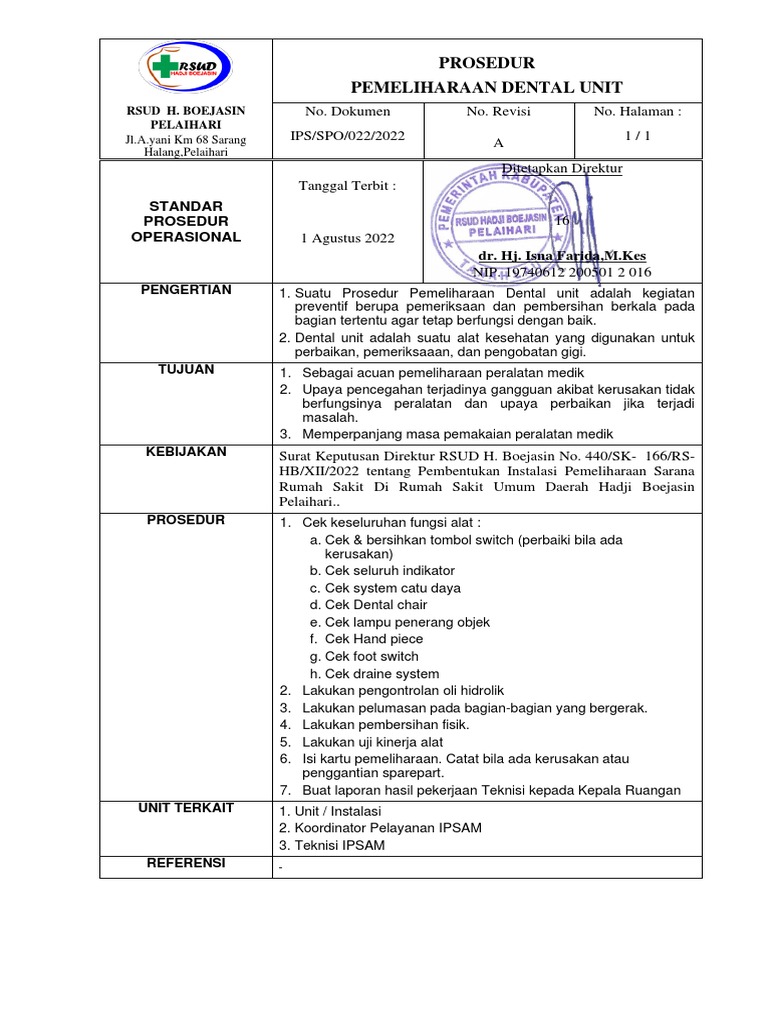 Sop Pemeliharaan Dental Unit | PDF