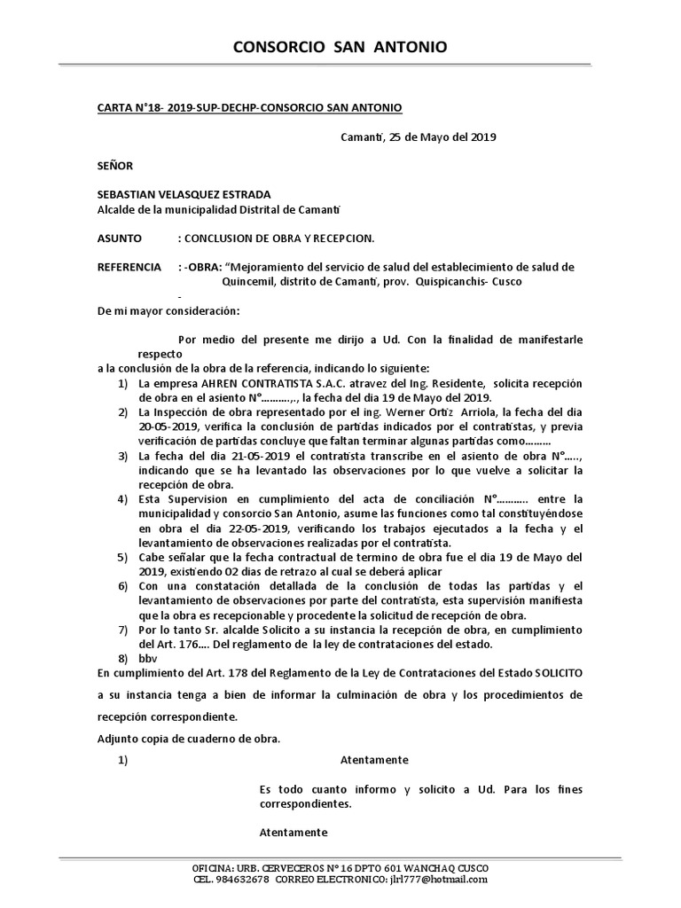 18 Carta de conclusion de obra-Camanti | PDF | Gobierno