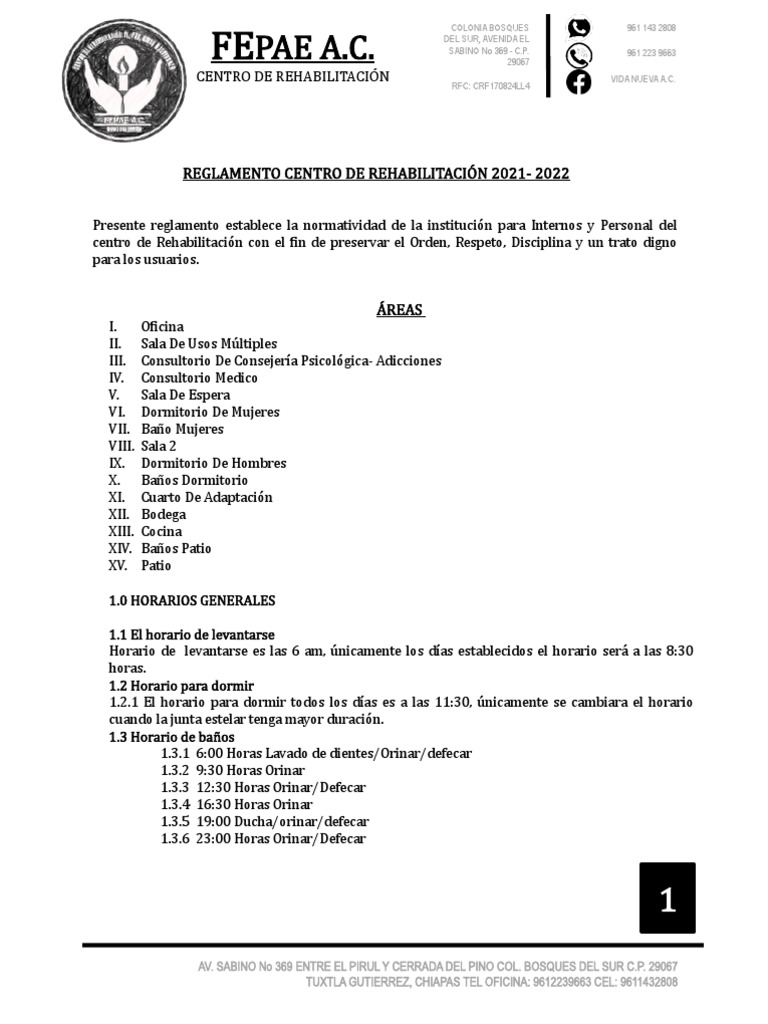 Reglamento Centro de Rehabilitación | PDF | Servicios públicos | Higiene