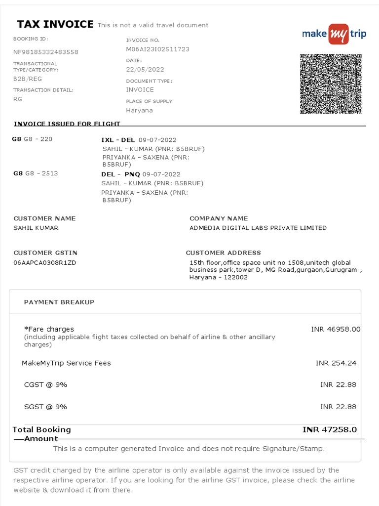 Tax Invoice: Invoice Issued For Flight G8 Ixl - Del | PDF | Invoice ...