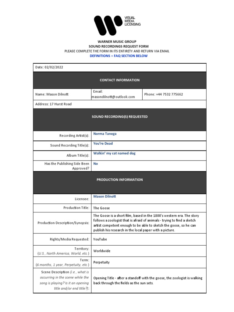 Warner Music Group - Sync Request Form | PDF | Mass Media | Communication