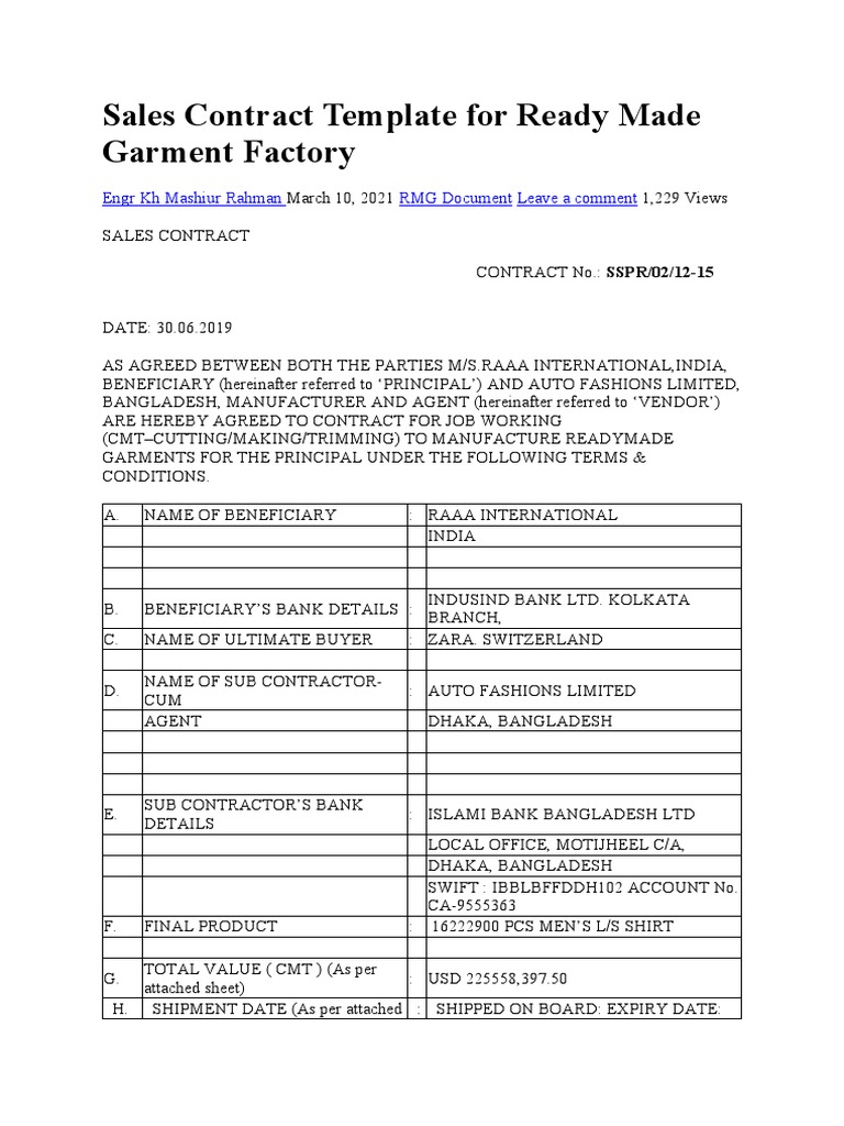 Sales Contract Template For Ready Made Garment Factory | PDF ...
