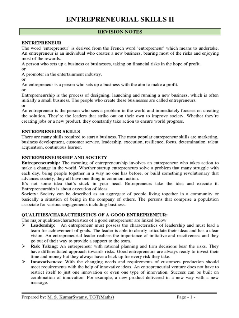 01 Entrepreneurial Skills II Revision Notes | PDF | Entrepreneurship ...