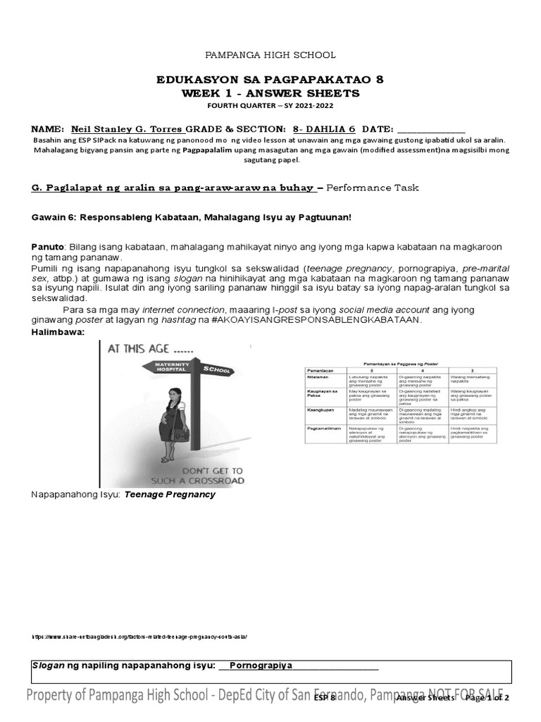 q4 Esp 8 Assessment Answer Sheets | PDF