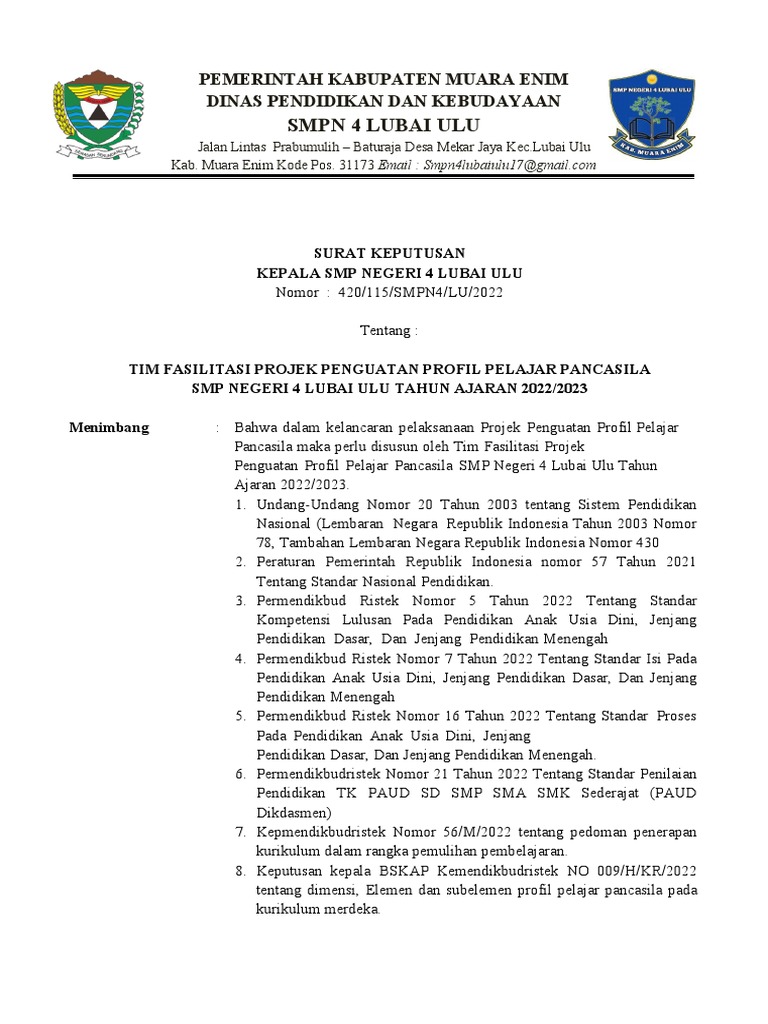 SK Tim Fasilitasi Projek Profil Pelajar Pancasila (p5) | PDF ...