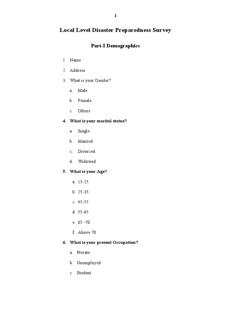 Local Level Disaster Preparedness Survey Questionairre Doc Max | PDF | Emergency Management ...