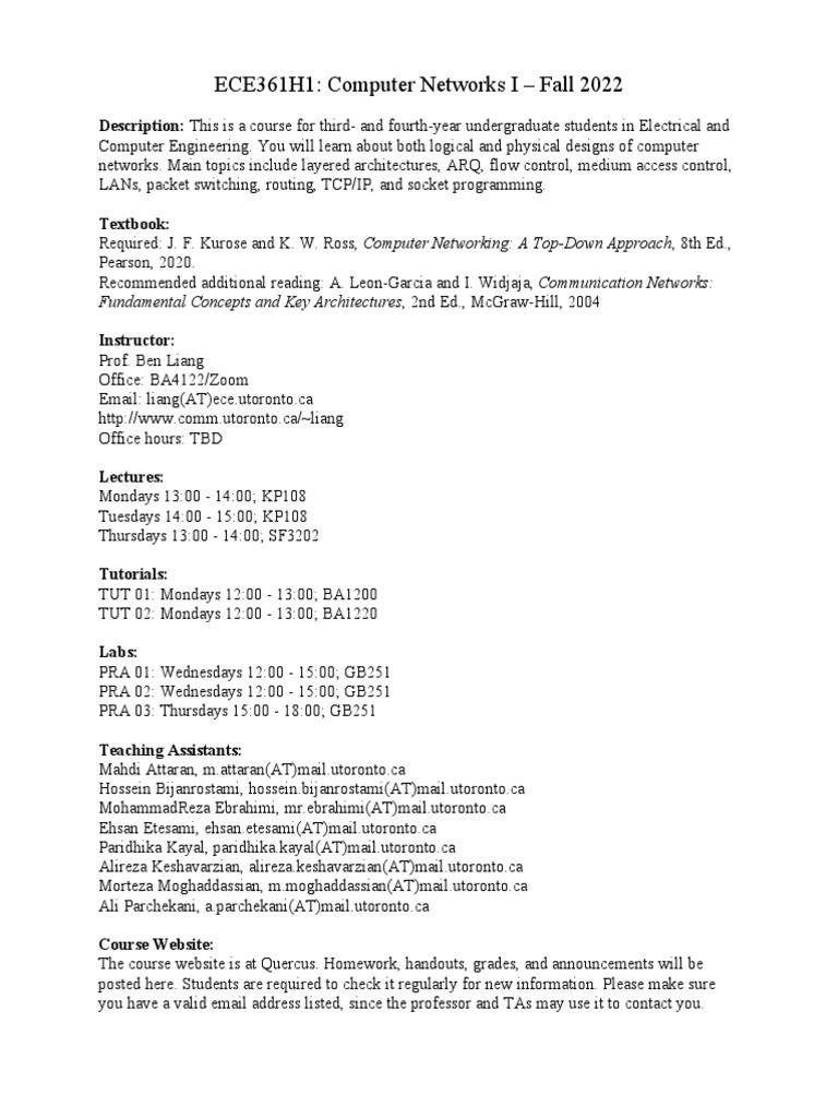 ECE361 2022fall Info | PDF | Computer Network | Transmission Control Protocol