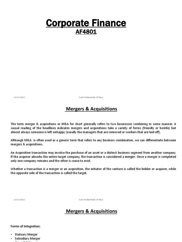 Corporate Finance-Lecture 10 | PDF | Mergers And Acquisitions | Stocks
