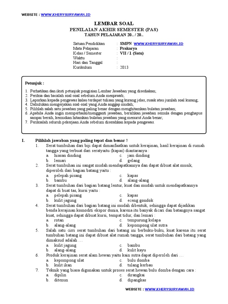 Soal PAS Prakarya Kelas 7 K13 VERSI 2 | PDF