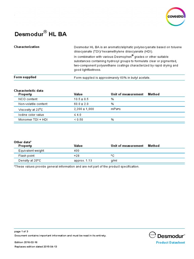 Desmodur HL BA - en - 00130850 12978366 13422252 | PDF | Materials ...