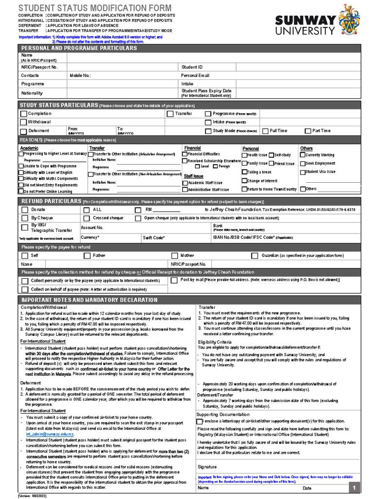 SUNU Student Status Modification Form 20220310 | PDF | Payments | Cheque