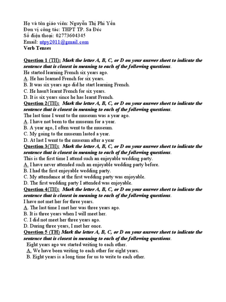 THPT TP Sa Đéc - Verb Tenses (Sentence Transformation) | PDF | Language Mechanics | Languages