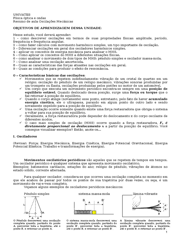 Resumo 1 Osciladores 2012B | PDF | Oscilação | Pêndulo