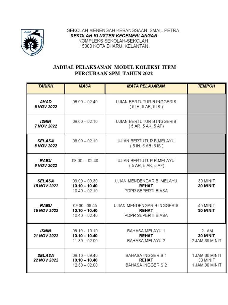 Jadual Trial Spm Tahun 2022 Pdf