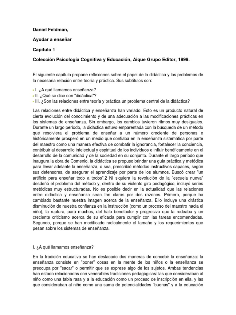 Feldman Ayudar A Ensenar Cap I y II Páginas 1,8 10,15 17 | PDF | Enseñando | Teoría