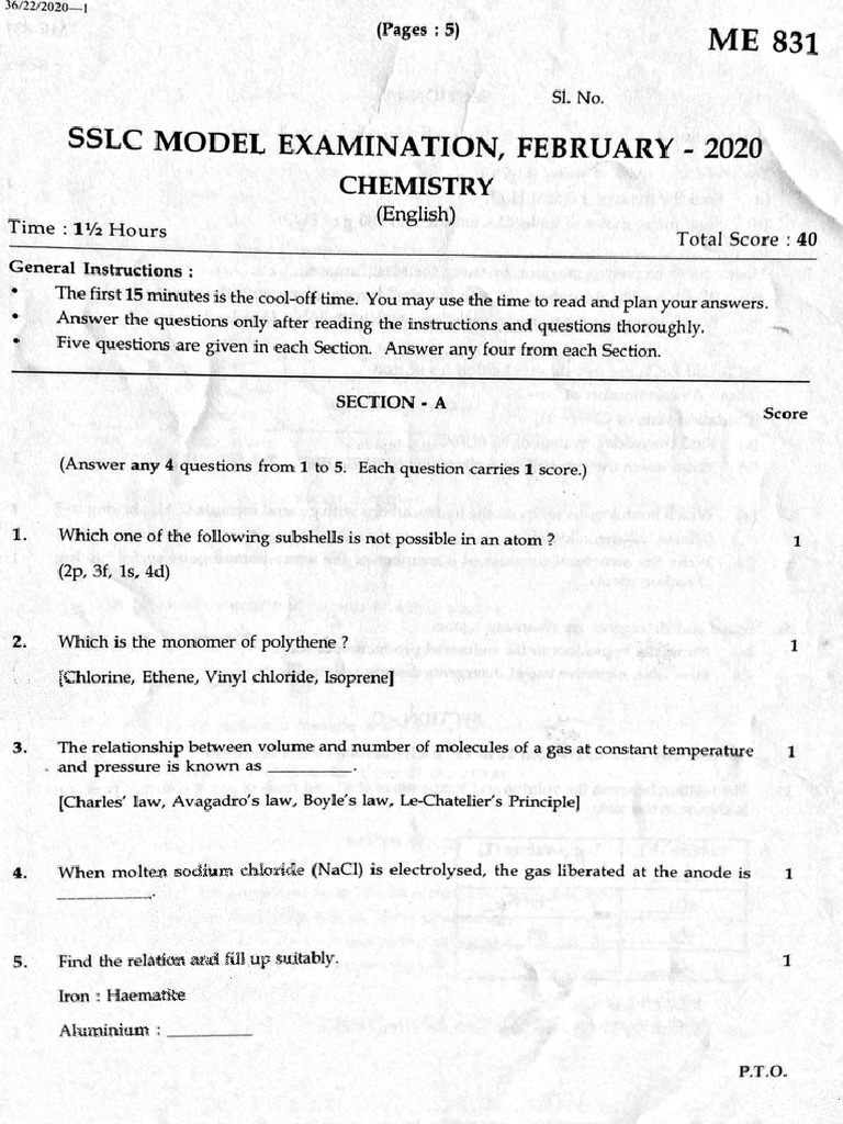 CHEMISTRY Question Paper English Medium - SSLC Model Exam 2020 | PDF