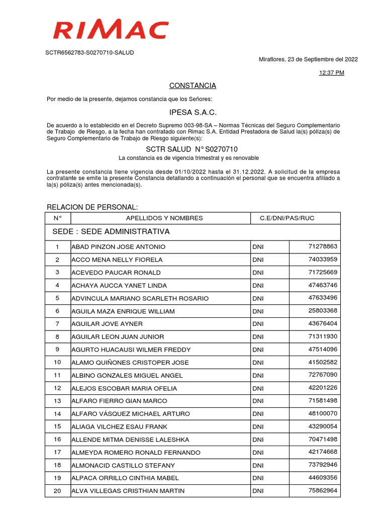 Ipesa SCTR Salud - Renovacion Oct - Dic | PDF