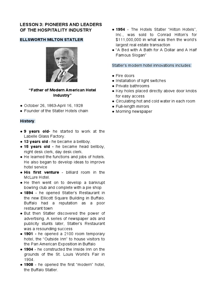 Lesson 3 - Pioneers and Leaders of The Hospitality Industry | PDF | Hospitality Industry | Hotel