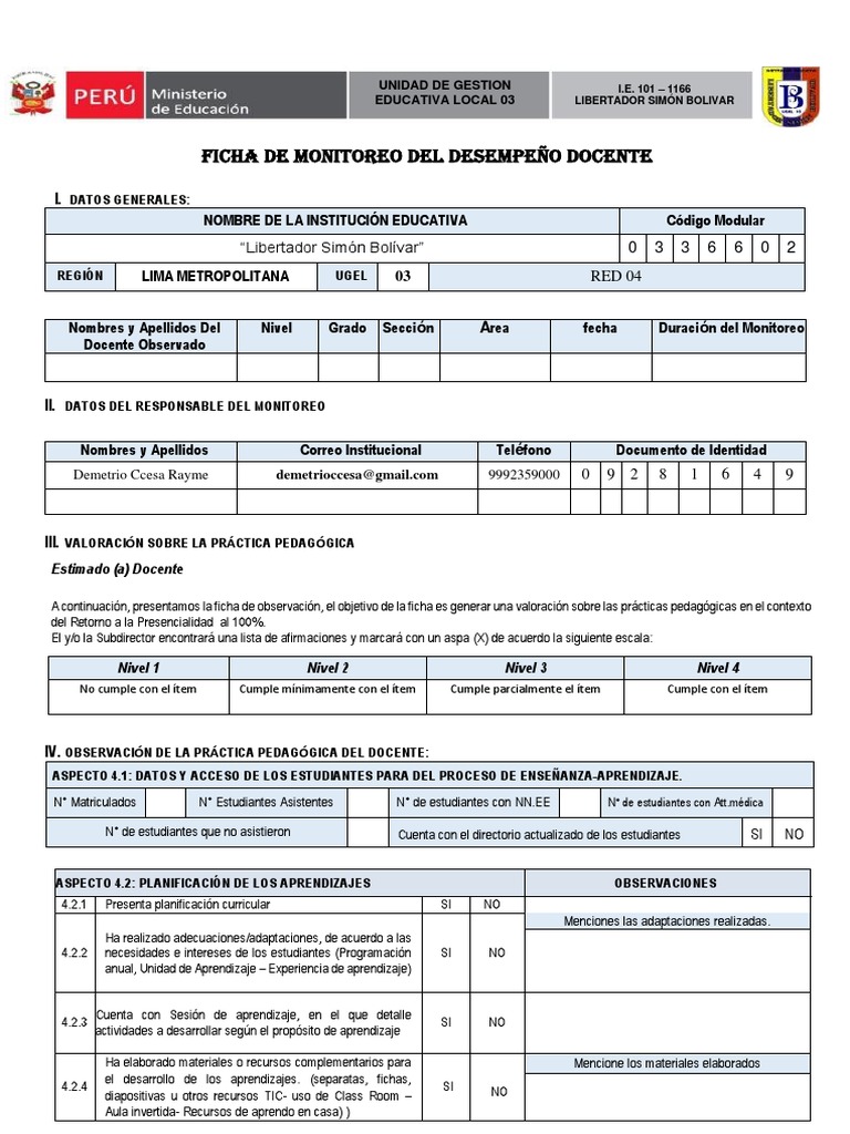 Ficha de Monitoreo Del Desempeño Docente UGEL03-LSB Ccesa007 | PDF | Aprendizaje | Evaluación