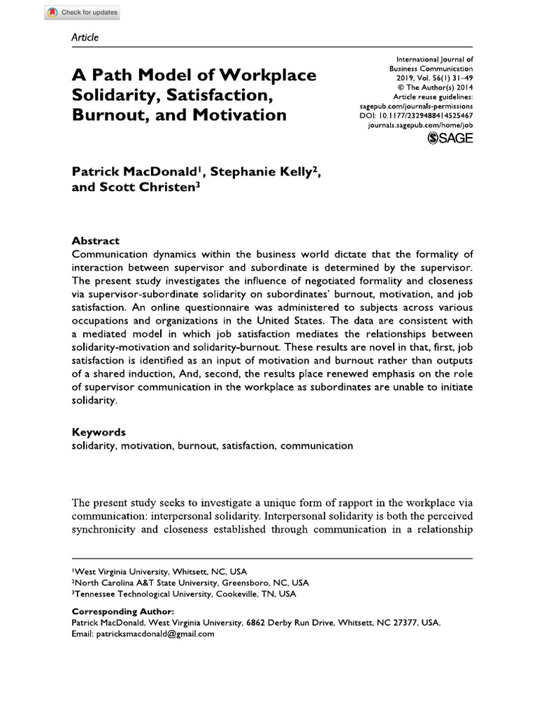 A Path Model of Workplace Solidarity, Satisfaction, Burnout, and ...