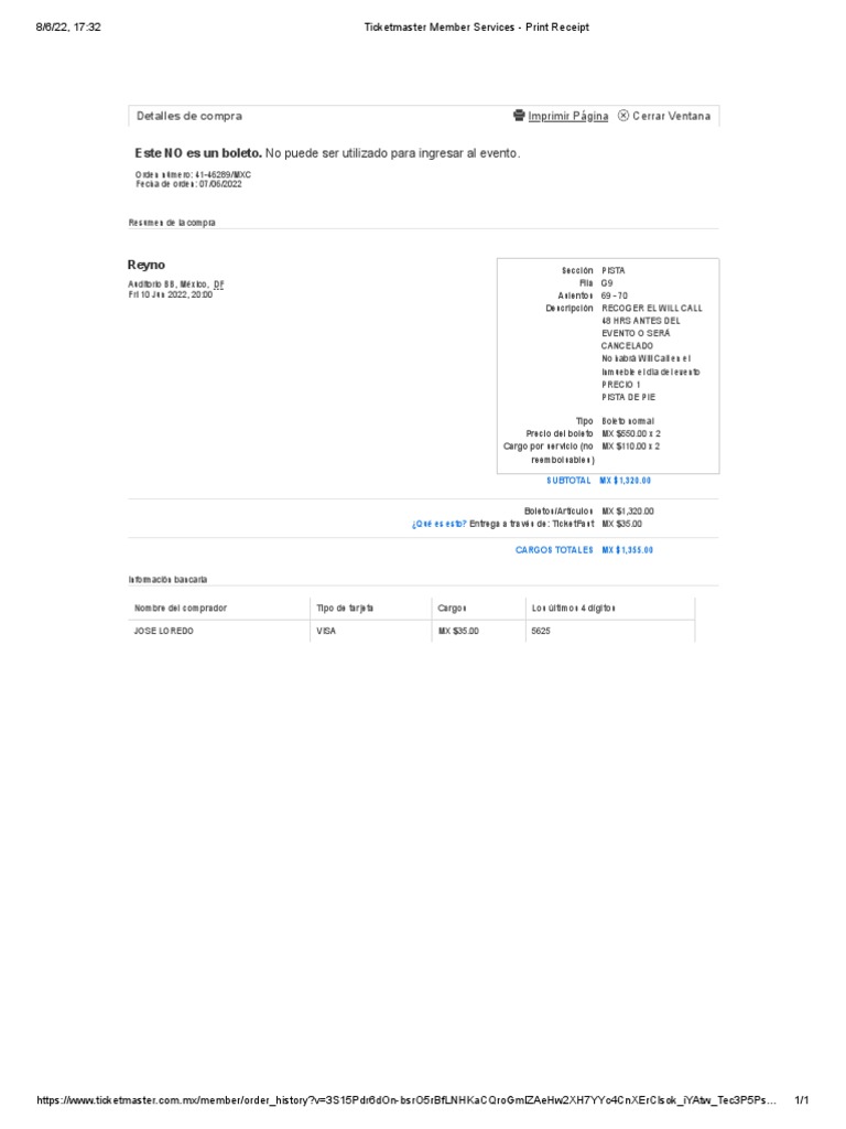 Imprimir y Facturar Boletos Ticketmaster | PDF