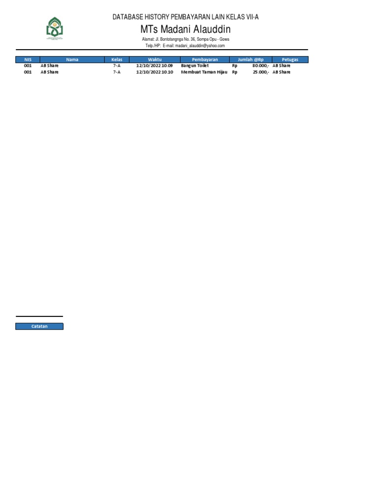 Mts Madani Alauddin: Database History Pembayaran Lain Kelas Vii-A | PDF