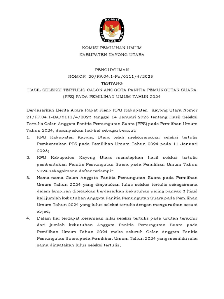 Pengumuman Seleksi Tertulis PPS | PDF