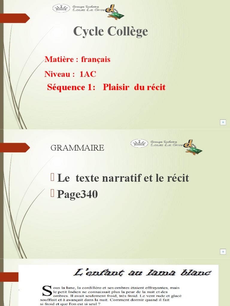 Séquence 1 Grammaire 2 Le Texte Narratif Et Le Récit | PDF