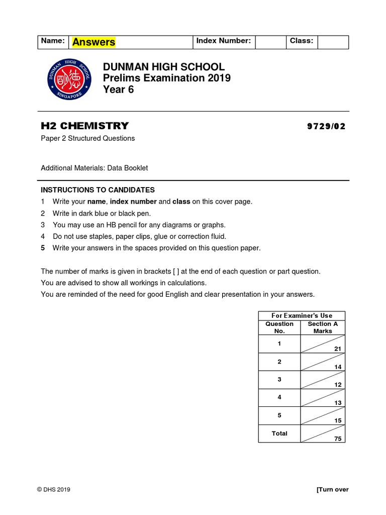 2019 DHS Prelim H2 Chem P2 ANS | PDF | Coordination Complex | Oxide
