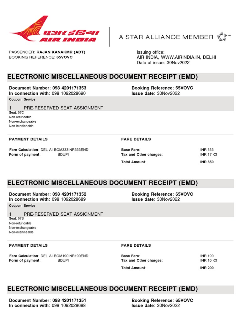 Air India Web Booking ETicket (65VOVC) - KANAKMR | PDF | Receipt | Taxes