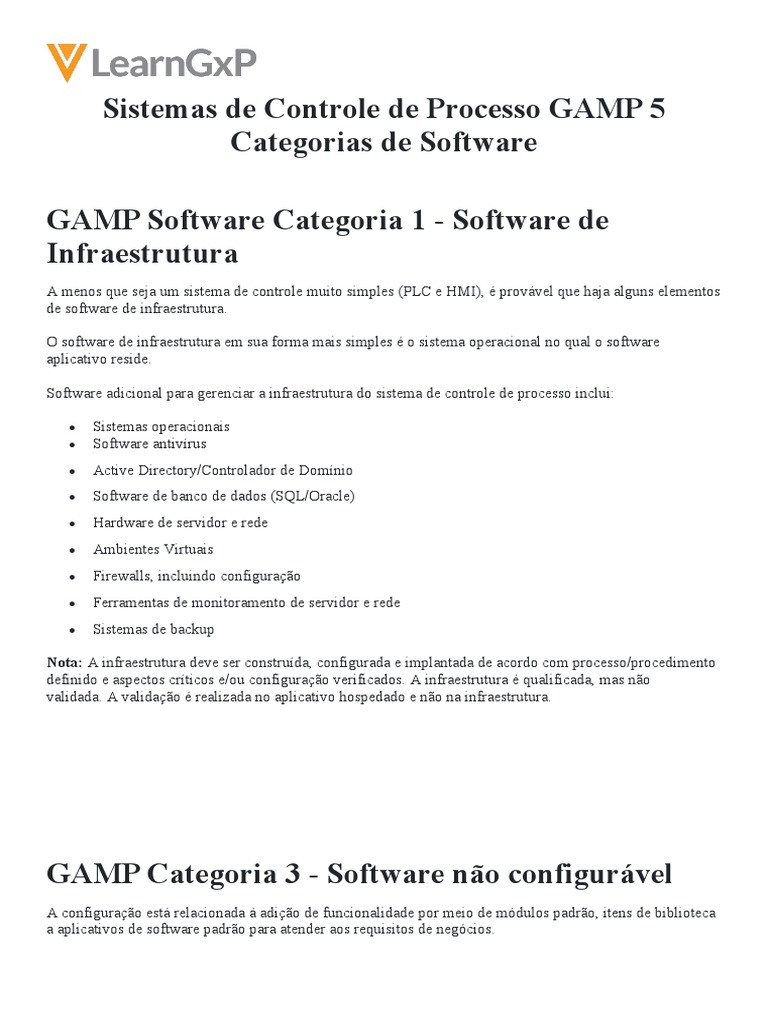 Sistemas de Controle de Processo GAMP 5 Categorias de Software | PDF ...