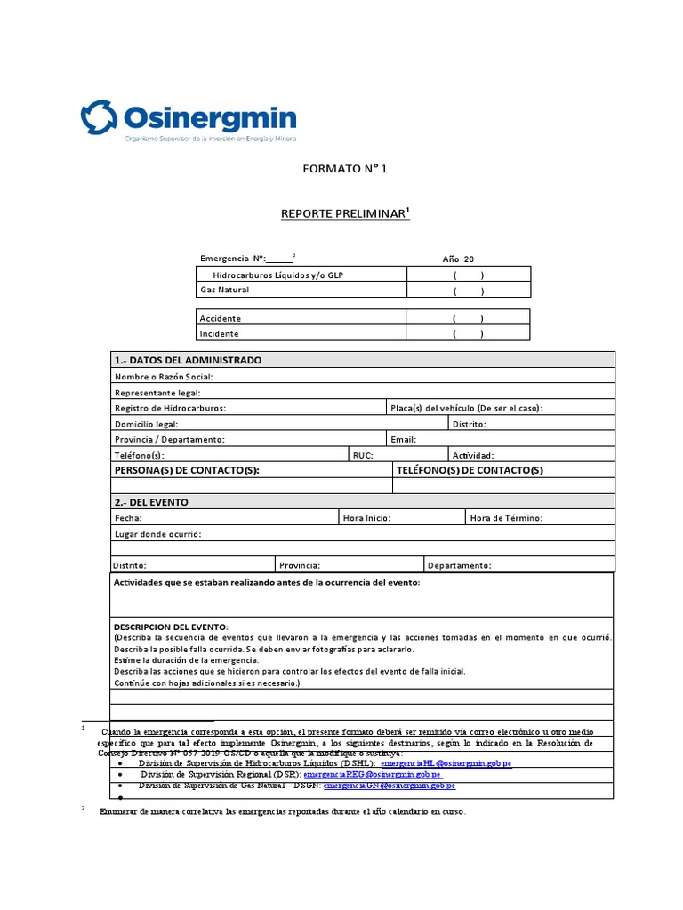 Osinergmin REUM F1 Reporte Preliminar | PDF