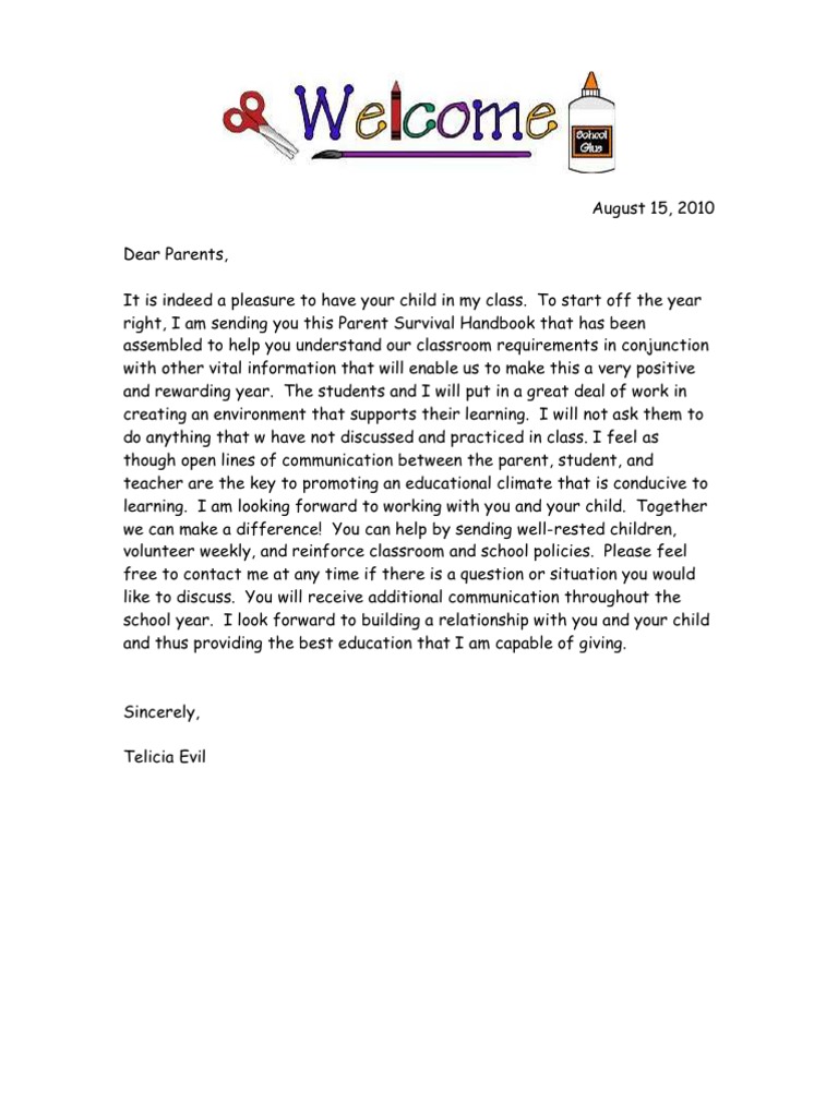 Parent Welcome Letter1.Telicia - 2 | PDF | Homework | Behavior Modification