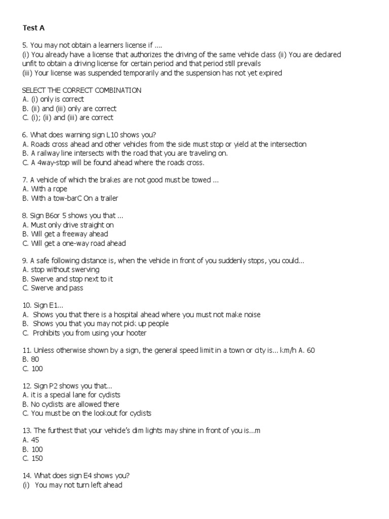 Learner's Test A | PDF | Traffic | Traffic Light
