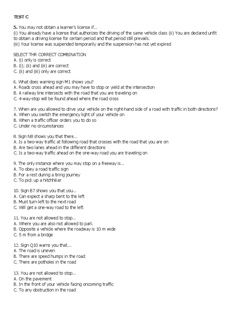 Learner's Test C | Download Free PDF | Traffic | Road