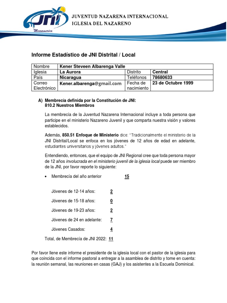 Informe Estadístico de JNI Distrital 2022 La Aurora Actualizado | PDF