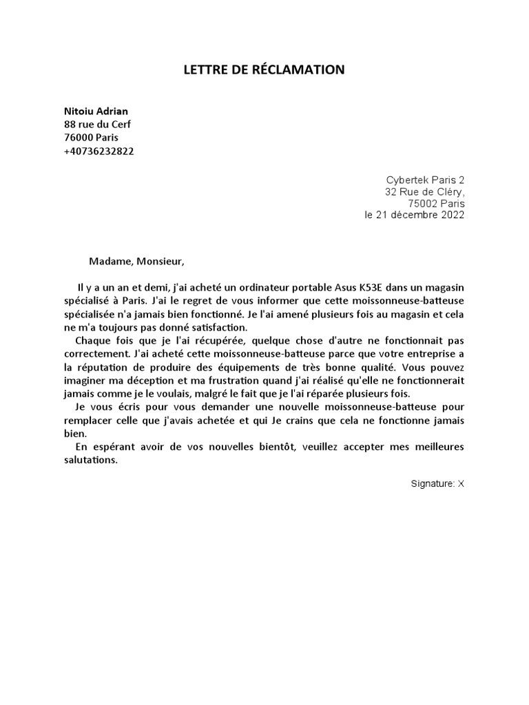 Lettre de Reclamation | PDF
